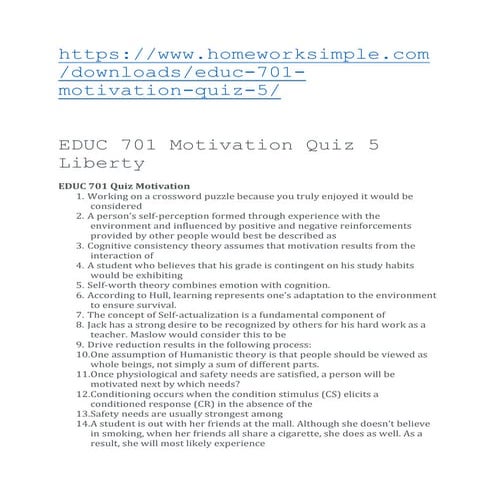 EDUC 701 Motivation Quiz 5 Liberty Homeworksimple | DOCX | Biological ...