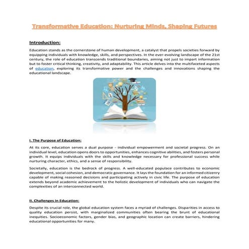 Transformative Education: Nurturing Minds, Shaping Futures | PDF