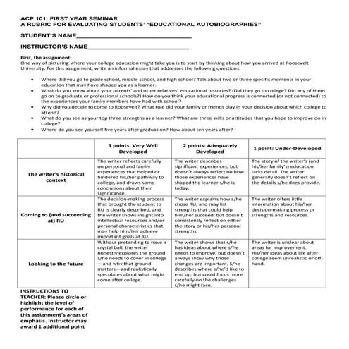 Educational autobiography rubric 2 | DOC