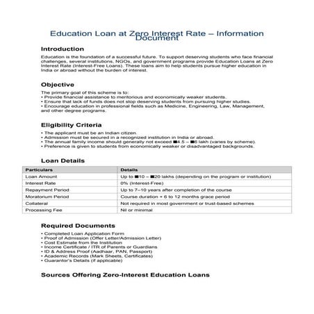 Education Loan at Zero Interest Rate – Information Document | PDF