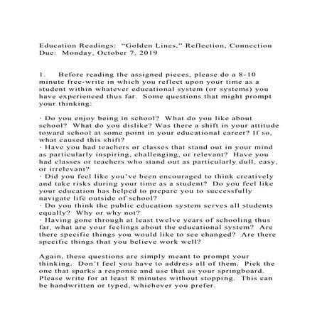 Education Readings Golden Lines,” Reflection, ConnectionDue .docx ...