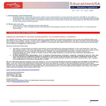Education Usa Weekly Update No 137 July 6 2009 | PDF