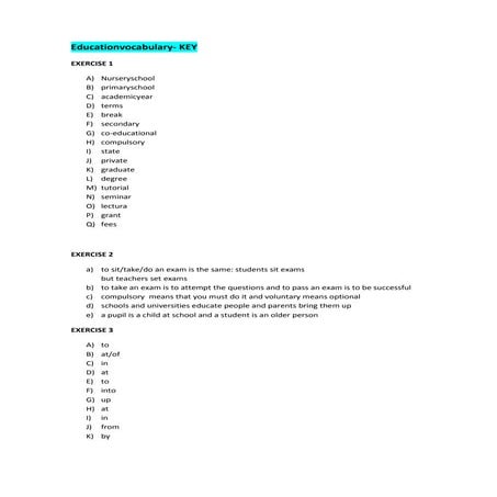 Education vocabulary key | DOCX