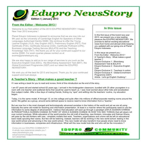 Edupro newsstory edition 1, 2013 | PDF