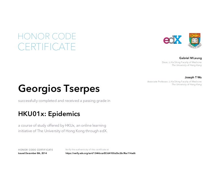 Edx Course Completion Certificate Hku1x Epidemics 08 12 2014