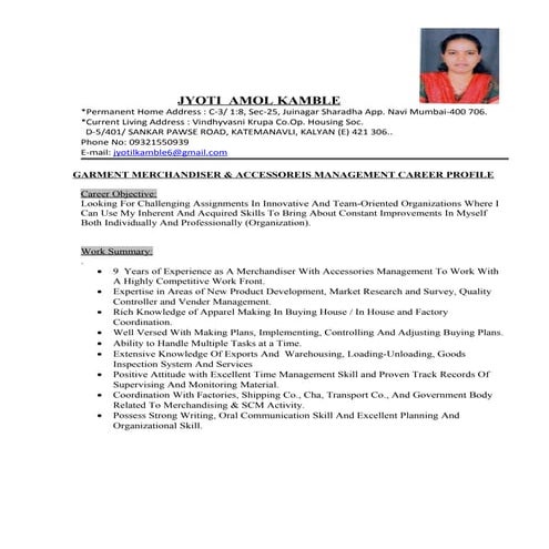 JYOTI RESUME | DOC | Apparel Industry | Industries