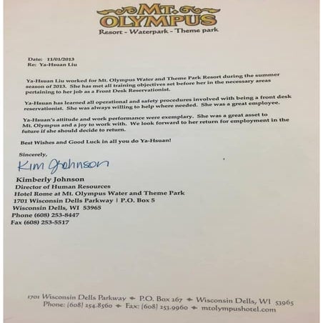Reference Letter - Mt. Olympus Resort | PDF