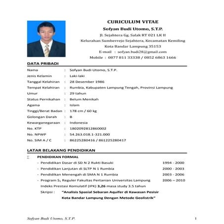 Sofyan Budi Utomo, CV 2016 | PDF