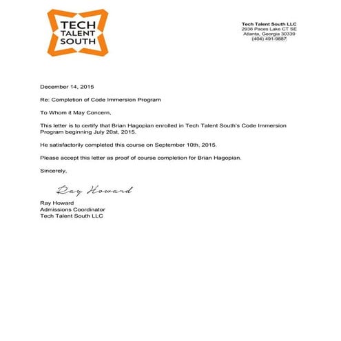Tech-Talent-South Certificate | PDF