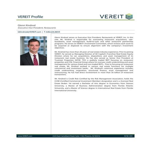 Glenn Kindred-bio-with-pic-VEREIT 08_20_15 | PDF