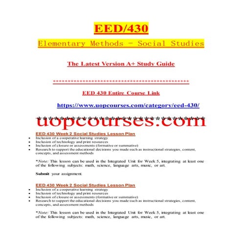 Eed 430 week 2 social studies lesson plan | PDF