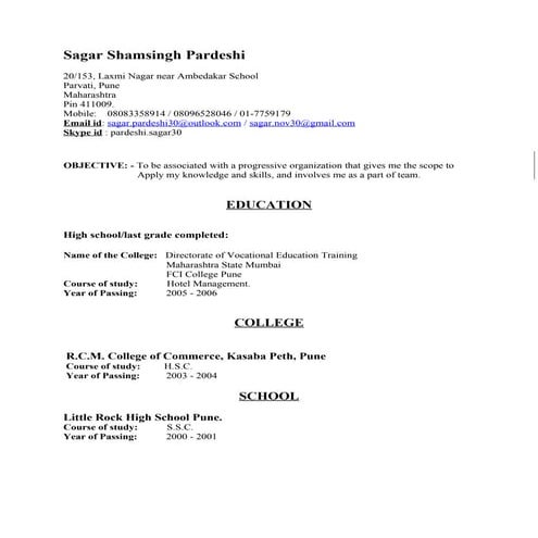 Sagar Resume doc | DOC | Hospitality Industry | Industries