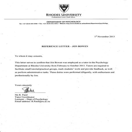 Rhodes University psychology department reference letter for Jon ...