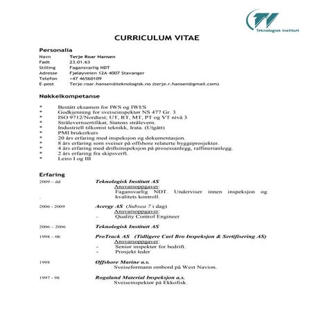 CV TI Terje R. Hansen rev 2015 | PDF