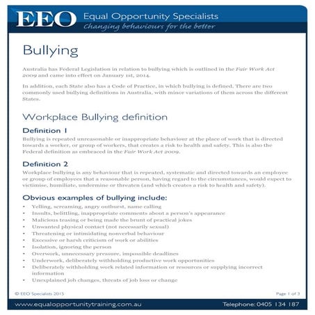 Eeo specialists factsheet bullying-Equal Opportunity Training Australia ...