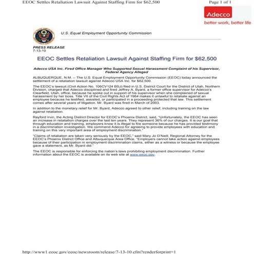 EEOC SETTLES RETALIATION LAWSUIT AGAINST ADECCO | PDF | Business ...