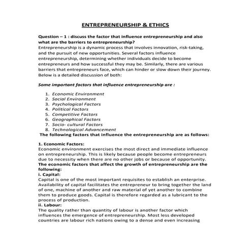 entreprenuership and ethics factors influencing | PDF