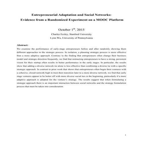 Entrepreneurial Adaptation and Social Networks: Evidence from a Randomized Experiment on a MOOC ...