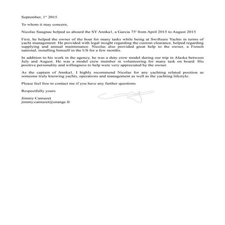 Recommendation Letter from Swiftsure Yachts | PDF