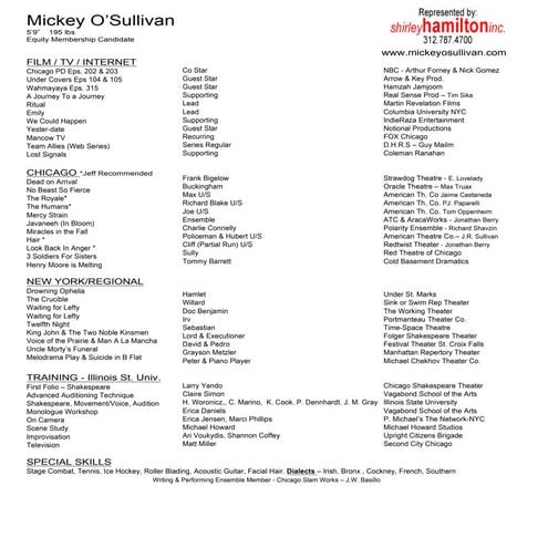MICKEY O'SULLIVAN ON CAMERA RESUME | PDF