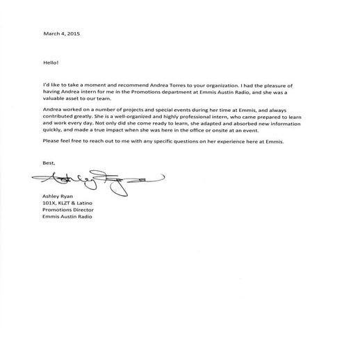 Ashley Ryan - Emmis Austin Radio - Recommendation Letter | PDF