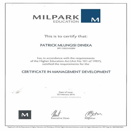 Milpark Certificate | PDF