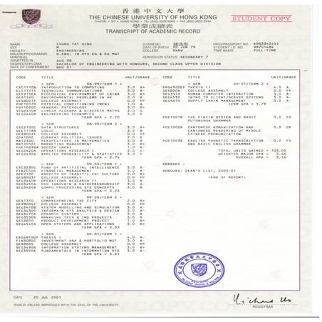 Charles Chung University Transcript | PDF