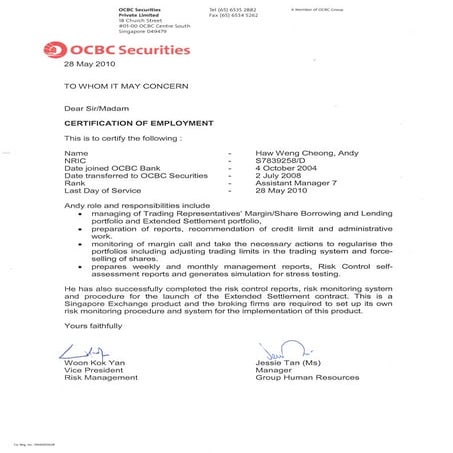 Certification of Employment - OCBC securities | PDF
