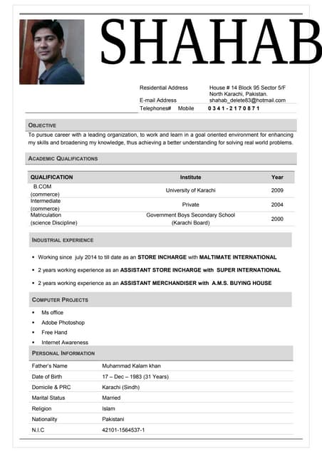 Resume for Store incharge | DOC