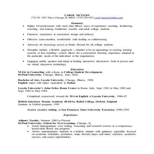 Carol McGury Resume SA | DOCX | Undergraduate Education | College Education