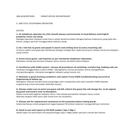 JOB DESCRIPTION TELP OPERATOR | PDF