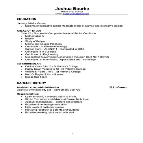 Josh Bourke Resume Current | PDF