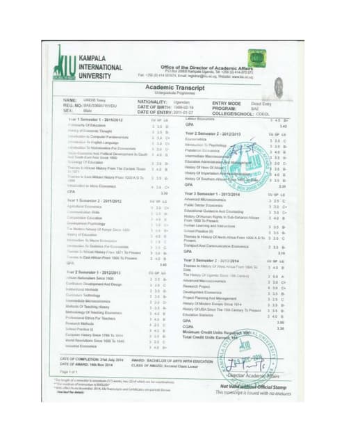 Academic Transcript Kyambogo University | PDF