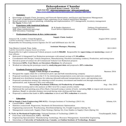 DeleeepChandar_Resume | PDF | Logistics | Business