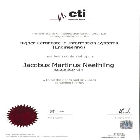JM Neethling CTI ISE Certificate | PDF
