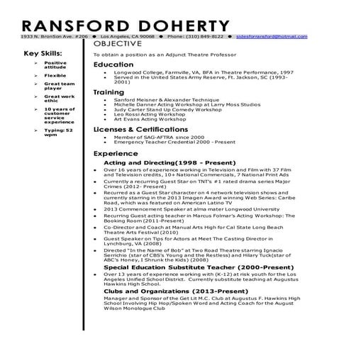 Ransford Doherty Current Adjunct Theatre Professor Resume 1 | DOCX ...