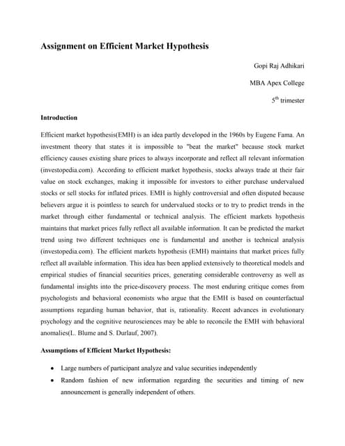Efficient Market Hypothesis (EMH) defination and assumptions.pptx ...