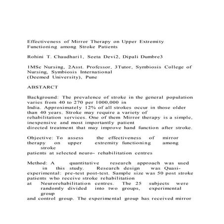 Effectiveness of Mirror Therapy on Upper Extremity Functioni | DOCX