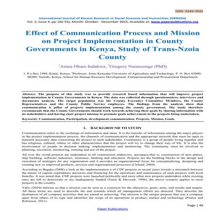 Effect of Communication Process and Mission on Project Implementation ...