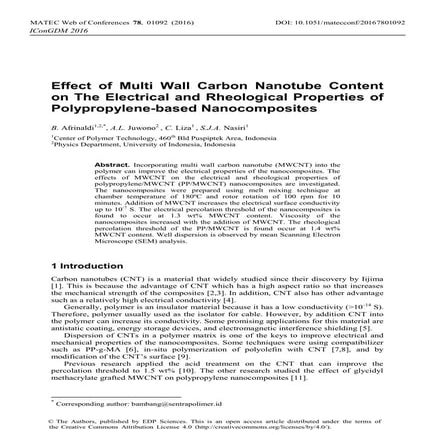 Effect of multi wall carbon nanotube content on the electrical and rheological properties of ...