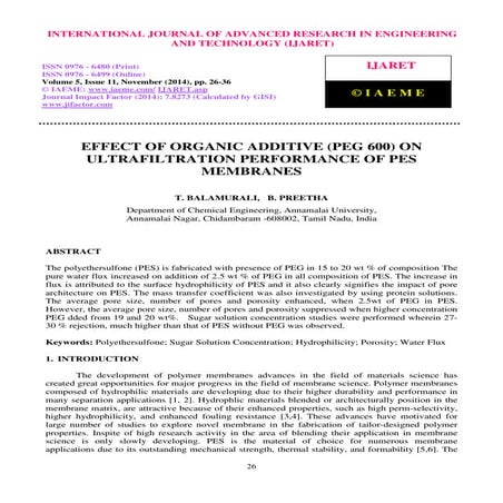 Effect of organic additive peg 600 on ultrafiltration performance of pes membranes | PDF
