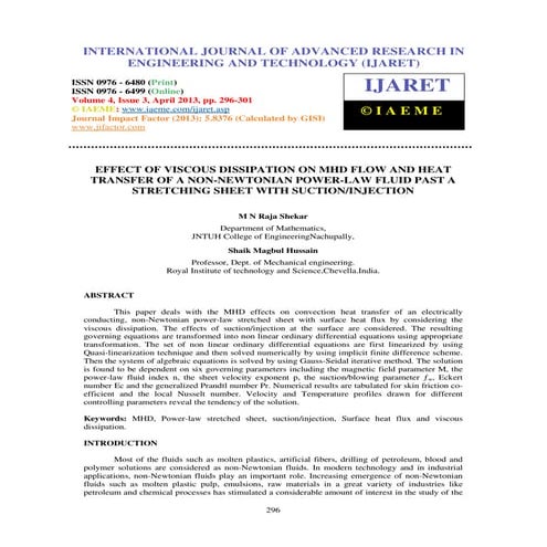 Effect of viscous dissipation on mhd flow and heat transfer of a non newtonian power-law fluid ...
