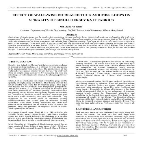 Effect of wale wise increased tuck and miss loops on spirality of ...