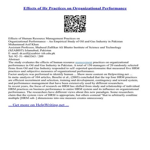Effects Of Hr Practices On Organizational Performance | PDF