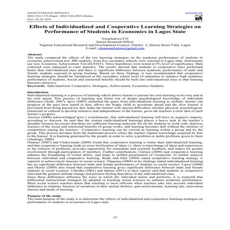 Effects of individualized and cooperative learning strategies on performance of students in ...