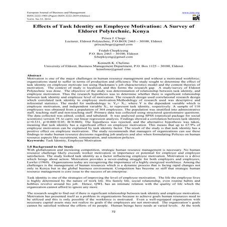 Effects of task identity on employee motivation a survey of eldoret ...
