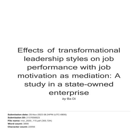 Effects of transformational leadership styles on job performance with job motivation as ...