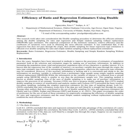 Efficiency Of Ratio And Regression Estimators Using Double Sampling Pdf Science