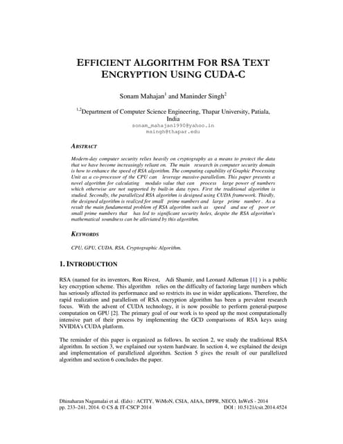 Efficient Algorithm For Rsa Text Encryption Using Cuda C Pdf