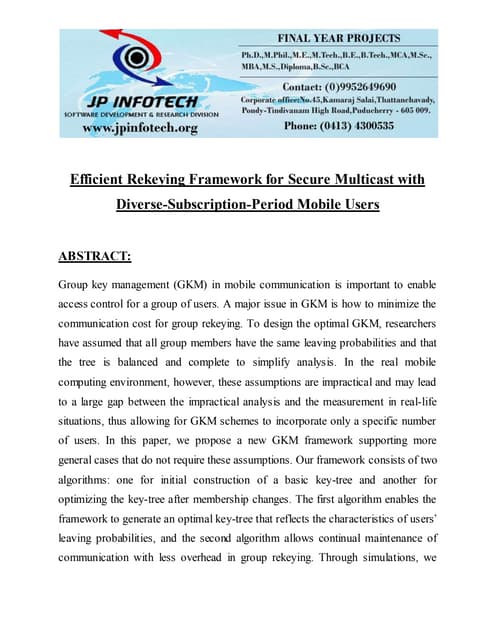 Efficient Rekeying Framework For Secure Multicast With Diverse